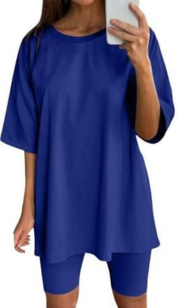 Generic Ensemble 2 pi&egrave;ces pour femme - T-shirt surdimensionn&eacute; d&eacute;contract&eacute; - Short de motard - Surv&ecirc;tement de sport - Ensemble assorti, bleu, 3XL