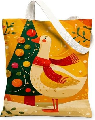Generic Sacs fourre-tout en toile de canard de No&euml;l, motif arbre animal, sacs d&eacute;picerie r&eacute;utilisables, festifs, vintage, l&eacute;gers, lavables &agrave; l&eacute;paule S, jaune, 