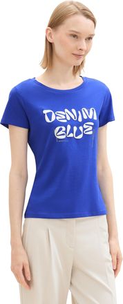 Tom Tailor Damen Basic T-Shirt mit Schriftzug,26529 - Anemone Blue, XL