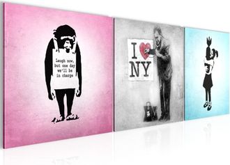 Runa Art Bilder Banksy Collage 120 x 40 cm 3 Teilig Wandbild auf Vlies Leinwand Rosa Grau Blau Mehrteilig Modern 030233b