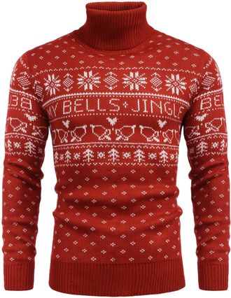 Coofandy Weihnachtspullover Herren H&auml;sslich Weihnachten Rollkragenpullover Strick Norweger Pullover Rot L