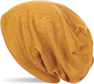 styleBREAKER Damen Beanie Mütze mit Strass Nieten im edlen Streifen Design, Slouch Longbeanie, Stoffmütze Einfarbig 04024086, Farbe:Curry
