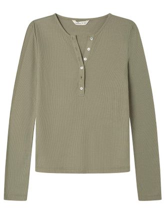 Springfield Damen Henley Long Sleeve T-Shirt Langarmshirt, kaki, Medium