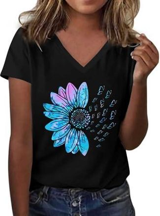 Generic T-shirt en coton pour femme - Coupe ample - T-shirt d&eacute;t&eacute; avec motif - Col en V - Ultra confortable - Respirant - Chemisier d&eacute;contract&eacute; pour le travail