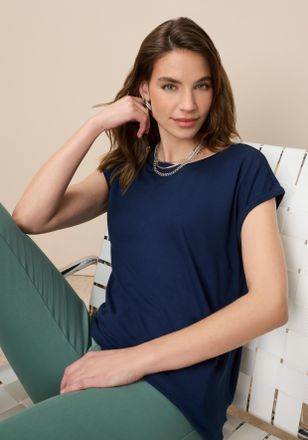 Tamaris T-Shirt TAMARIS, Damen, Gr. 34, blau (marine), Single Jersey, Obermaterial: 95% Viskose, 5% Elasthan, Basic, regular fit h&uuml;ftbedeckend, Rundhals, Aufs