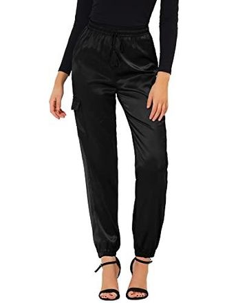 Allegra K Womens Satin Pants Tie Elastic High Waist Shiny Silky Dressy Satin Cargo Joggers Medium Black