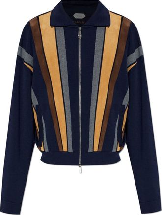 Versace Homme, Pulls, Bleu, Taille: M Intarsia-Wool & Leather Patchwork Zip SweaT-shirt
