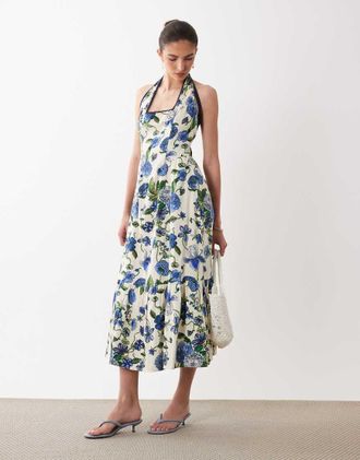 Hope & Ivy Hinten gebundenes Neckholder-Midikleid in Blau mit Blumenmuster und eckigem Ausschnitt-Mehrfarbig