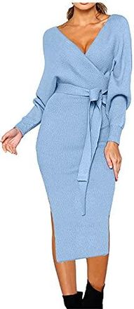 Generic Robe longue en tricot &agrave; col en V pour femme avec ceinture, bleu, XXL