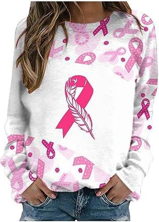 Generic T-Shirt pour Femmes sur Le Cancer du Sein Octobre Rose à Manches Longues Ruban Rose De Sensibilisation Au Cancer du Sein DOctobre Sport Oversize Sweat