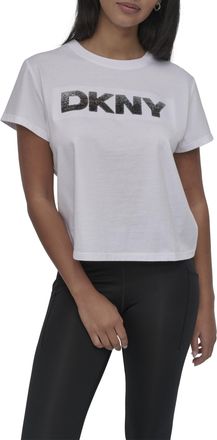 DKNY Womens Blouse/Shirt,OMB Sequin LG SS Tee,WHT/Gunmetal,M