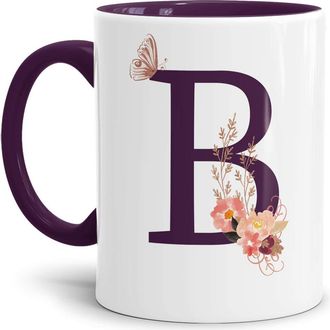 Tassendruck Buchstaben-Tasse mit Blumen - Buchstabe B - Innen & Henkel Violett - Mug/Cup/Becher/Edel/Geschenk-Idee/Beste Qualit&auml;t - 25 Jahre Erfahrung