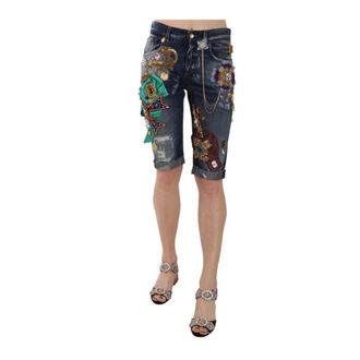 Dolce & Gabbana Femme, Shorts, Bleu, Taille: 32 FR Shorts en denim orn&eacute;s de cristaux