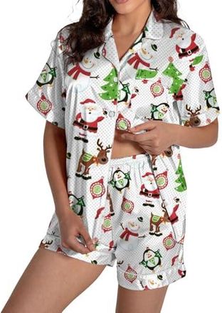 Generic Pyjama court en satin pour femme - Ensemble pyjama de Noël - Deux pièces - Vêtement de nuit doux - Motif mignon - Haut et short de nuit - Combinaison 