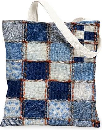 Generic Sacs fourre-tout en toile de denim patchwork, sacs &agrave; provisions r&eacute;utilisables, l&eacute;gers et lavables, bleu, 13x15 Inch