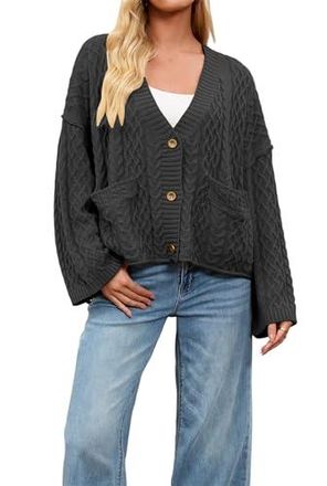 Generic Cardigan dhiver ample en tricot torsad&eacute; de couleur unie avec poches, v&ecirc;tement dext&eacute;rieur ample ouvert sur le devant pour femme, Noir, XL