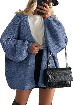 Generic Cardigan ample pour femme, manteau boutonn&eacute; &agrave; manches longues lanternes, cardigan en tricot &eacute;pais pour lautomne, bleu, M