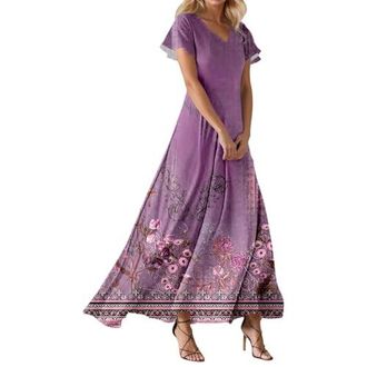 Generic Robe d&eacute;t&eacute; boh&egrave;me 2026 pour femme, robe d&eacute;t&eacute; &eacute;l&eacute;gante avec col en V, fluide, d&eacute;contract&eacute;e, parfaite pour la plage et la vill&eacute;giature, violet, 3XL