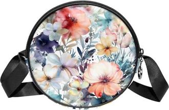Generic Petit sac &agrave; bandouli&egrave;re circulaire pour femme, motif feuilles florales, sac &agrave; dos avec fermeture &eacute;clair, bretelles r&eacute;glables, sac &agrave; main rond d&eacute;contra