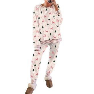 Generic Ensemble de pyjama 2 pièces à manches longues et noeud pour femme, motif sapins de Noël et noeuds, décontracté, mignon, pyjama de fête rayé, Rouge, S