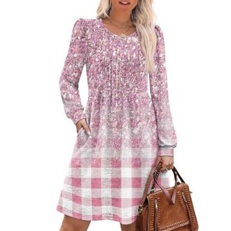 Generic Robe de chambre gaufr&eacute;e de style boh&egrave;me pour femme, mini robe &agrave; manches longues, robe trap&egrave;ze d&eacute;contract&eacute;e, fluide avec poches lat&eacute;rales, robe moulant