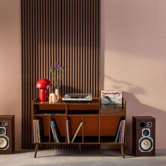 Sweeek Meuble vinyle vintage bicolore d&eacute;cor bois et orange 130cm - Nepal