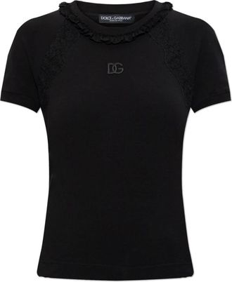Dolce & Gabbana Jersey-T-Shirt mit Spitze und Stickerei - - Tops - Damen - Schwarzk - S