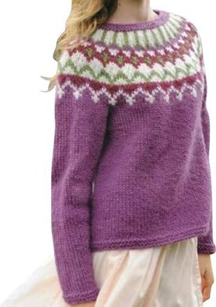 Generic Pull Norv&eacute;gien Femme dhiver Chaud Chic Pullover Tricot&eacute; Col Rond Manche Longue Sweatshirts Motif Jacquard Hauts Grande Taille Casual Basique Vetement 