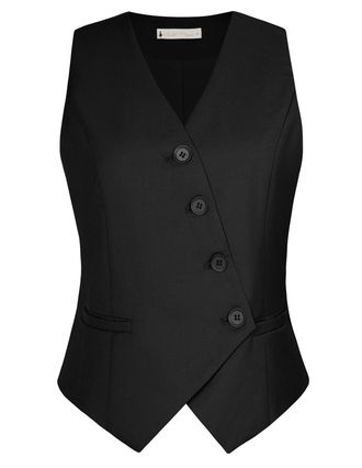 Belle Poque Schwarze Weste Damen Vielseitige Ärmellose V-Ausschnitt Tuxedo Anzug Weste mit Taschen Schwarz 2XL