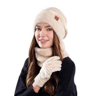 Generic Écharpe bonnet et en tricot hiver chaleur douce doublée polaire haute qualité pour temps froid ensemble élégant et confortable (Beige, One Size)