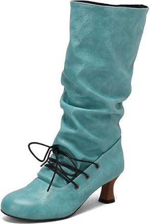 Generic Bottes Cuissardes Style Vintage Femme Fermeture Lat&eacute;rale Simili Cuir Design D&eacute;lav&eacute; Lacets Devant avec Talon Kitten Chaussures &Eacute;l&eacute;gantes de Soir&eacute;e,Vert