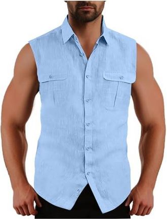 Generic D&eacute;bardeur pour homme l&eacute;ger et &eacute;l&eacute;gant avec col rabattable, uni, respirant, classique, confortable, d&eacute;contract&eacute;, sans manches, pour l&eacute;t&eacute;, la plage, Ble