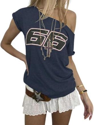 ORANDESIGNE T-Shirt Asym&eacute;trique Femme Epaule Unique Y2k Graphic T-Shirts Manches Courtes Impression de Chiffres Tops E-Girl Tees C Bleu Clair S