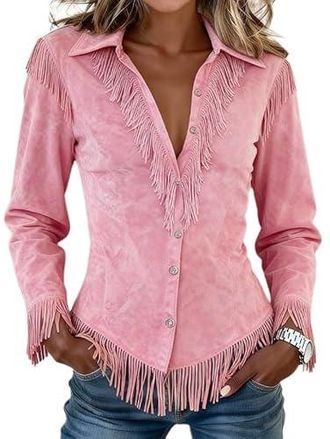 Generic Chemises western cowgirl en daim pour femmes, vintage, &agrave; manches longues, boutonn&eacute;es, coupe ajust&eacute;e, chemises &agrave; franges, hauts tendance, rose, XL