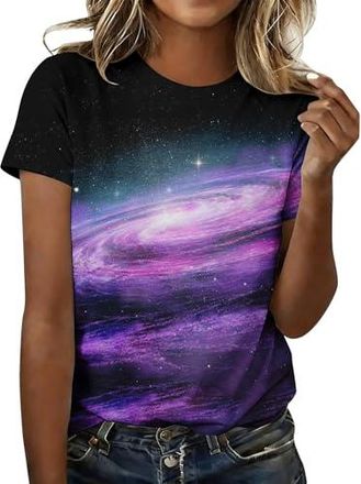 Generic T-shirt d&eacute;t&eacute; d&eacute;contract&eacute; &agrave; manches courtes et col rond pour femme Motif galaxie spirale | T-shirt d&eacute;t&eacute; doux et respirant pour un usage quotidien, voya