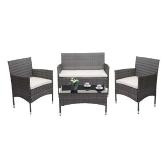 Mendler Poly-Rattan Garnitur HWC-F55, Balkon-/Garten-/Lounge-Set Sofa Sitzgruppe - grau, Kissen Creme