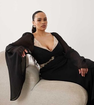 Asos Curve ASOS DESIGN Curve - Robe mi-longue en mousseline m&eacute;lang&eacute;e avec manches drap&eacute;es et dentelle appliqu&eacute;e - Noir et blanc-Rouge