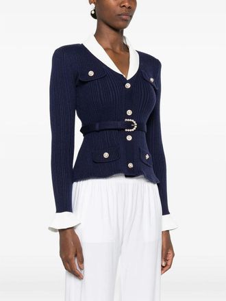 Self Portrait Ribbed Knit with Pearl Buckle Belt Sweater - Navy