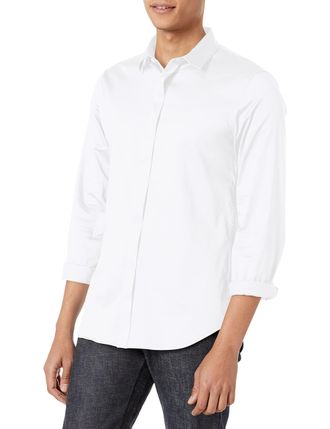 A|X Armani Exchange Mens Long Sleeve Stretch Cotton-Satin Button Up White,XXL