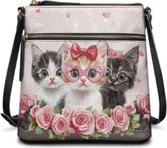 Coloranimal Sac &agrave; bandouli&egrave;re pour femme en cuir synth&eacute;tique l&eacute;ger avec sangle r&eacute;glable, Chat mignon rose rose