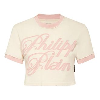 Philipp Plein Femme, Tops, Beige, Taille: 40 FR T-Shirt Col Rond Manches Courtes Signature