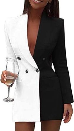 Minetom Robe Blazer Femme Sexy Paillettes Scintillantes Col en V Tailleur Longue Cintré À Manches Longues Robe Moulante Mini Robe Club De Fête Noir 36