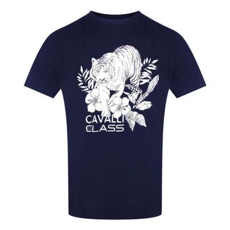 Cavalli Marineblaues T-shirt Mit Tiger-blumenlogo