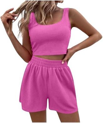 Generic Tenues d&eacute;t&eacute; deux pi&egrave;ces pour femme - Ensemble short sans manches assorti - Haut court et short taille haute - Essentiel pour les vacances d&eacute;t&eacute;, rose, 