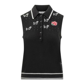 Thom Browne Femme, Tops, Noir, Taille: 38 FR Merino Wool Pointelle Jersey Hector & Rose Sleeveless Polo