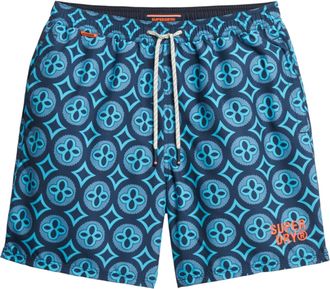 Superdry Herren 43 cm Lange Badeshorts mit Kachel-Print Talavera Kachelprint Blau XL