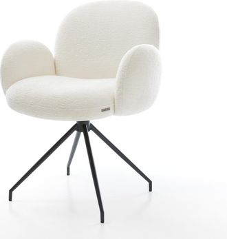 DELIFE Esszimmerstuhl Nube-Flex mit Armlehnen Boucl&eacute; Soft Beige Kreuzgestell konisch Schwarz Taschenfederkern, Esszimmerst&uuml;hle