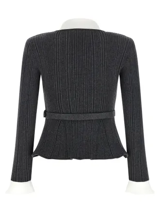 Self Portrait Ribbed with Contrast Cuffs Cardigan - Charcoal