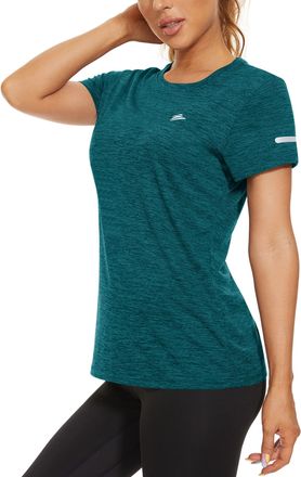 KEFITEVD Atmungsaktiv Tshirt Damen Sport Stretch Laufshirt Kurzarm Golf Shirt Leicht D&uuml;nn Yoga Oberteil Frauen Rundhals Schnelltrocknend Fitnessshirt Meliert J