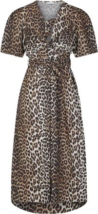 Ganni Femme, Robes, Brun, Taille: 34 FR Robe midi &agrave; bretelles &agrave; nouer en coton imprim&eacute; l&eacute;opard